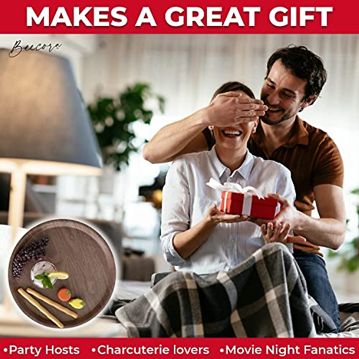 BEECORA Serving Tray Charcuterie Board -Round 15.5" Large Thin Food Platter w/Bonus Snack Tray for Party Host Entertaining Light Server Butter Board Kitchen Ottoman Tray Decor