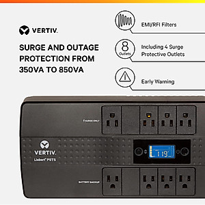 Liebert PST5 UPS - 850VA/500W 120V, LCD Monitoring Screen, Standby Power, 8 Outlets, USB Charging, 3 Year Warranty, Uninterruptible Power Supply, Battery Backup with Surge Protection (PST5-850MT120)
