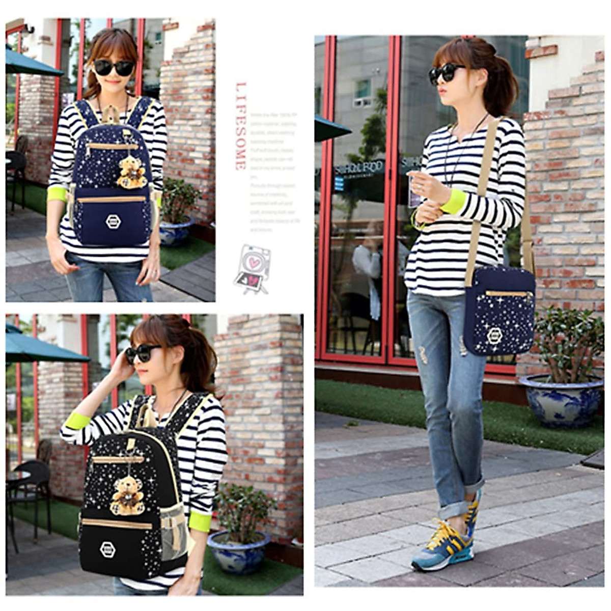 Star-Print Backpack 3Pcs Elementary Girls Bookbag Rucksack Set with Crossbody Bag Canvas Daypack Casual