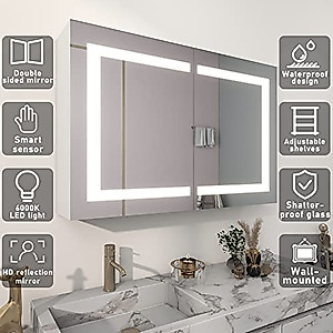 MIRPLUS 36 X 24 inch Medicine Cabinet with Mirror-Lights Surface Mount Bathroom Mirror Cabinet Wall Mounted Lighted Bathroom Medicine Cabinets Inductive Switch Adjustable Shelves (Double Doors)…