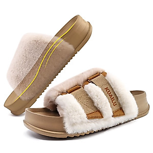 KuaiLu Womens Slides Soft Cushion Faux Fur Sandals for Women Open Toe House Slipper with Arch Support Ladies Slip On Fuzzy Platform Slipper Indoor Outdoor,Beige Size 10