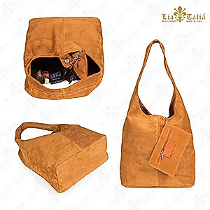 LiaTalia Womens Large Italian Suede Leather Single Shoulder Strap Hobo Slouch Bag with Storage Bag [Dark Grey (Plain)]