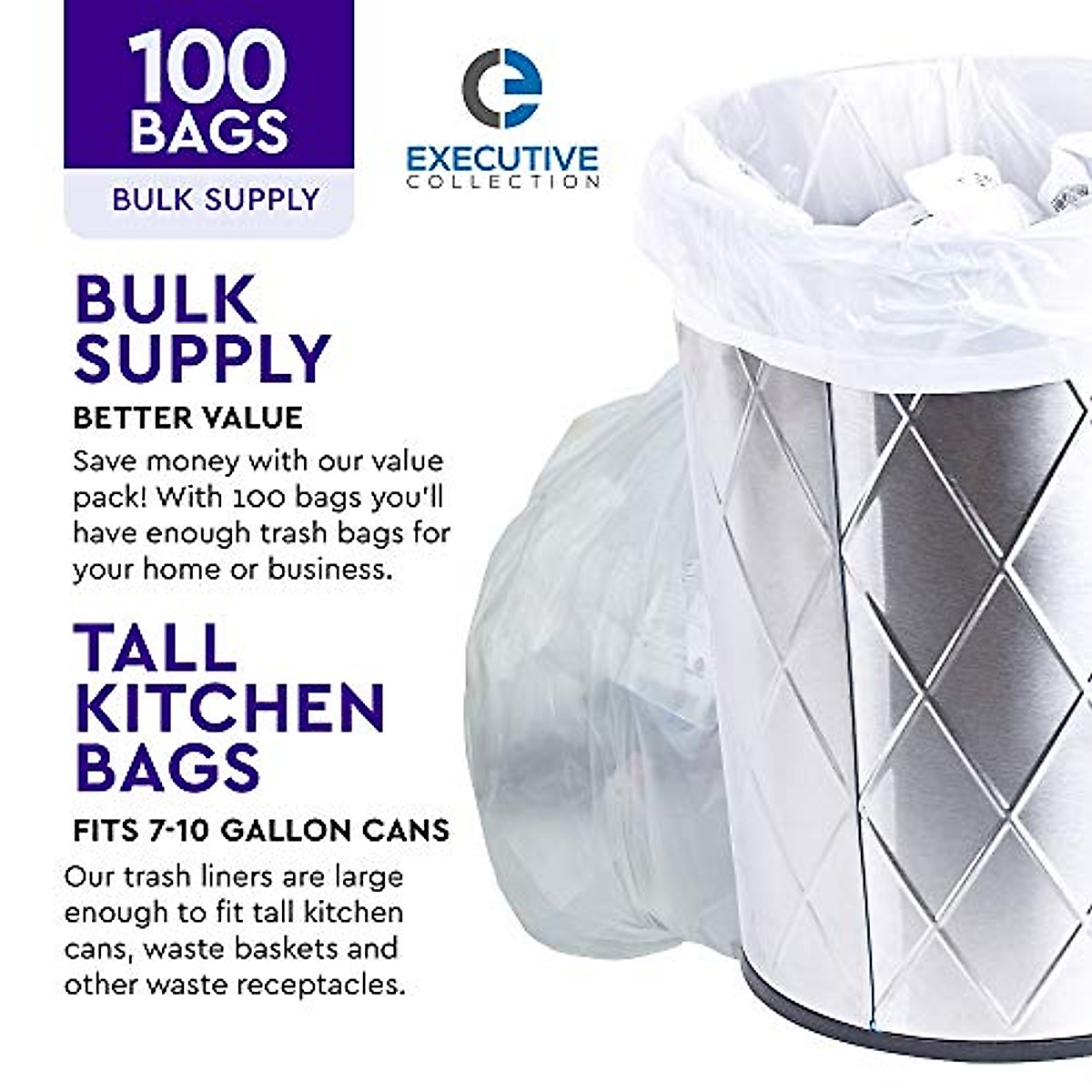 Clear 7-10 Gallon Trash Bags, Bulk Pack - Medium Size Garbage Bin Liners for Office, Bedroom and Kitchen Wastebasket Cans - by Executive Collection (100 Bags)