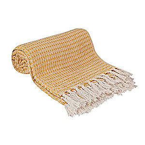 Yellow Cotton Throw Blanket - Waffle Weave Throw Blanket 60”x48” - Farmhouse Throw Blanket - Throw Blanket for Couch Sofa Chair Bed - Blanket for all Seasons - Yellow Decorative Blanket with Fringe