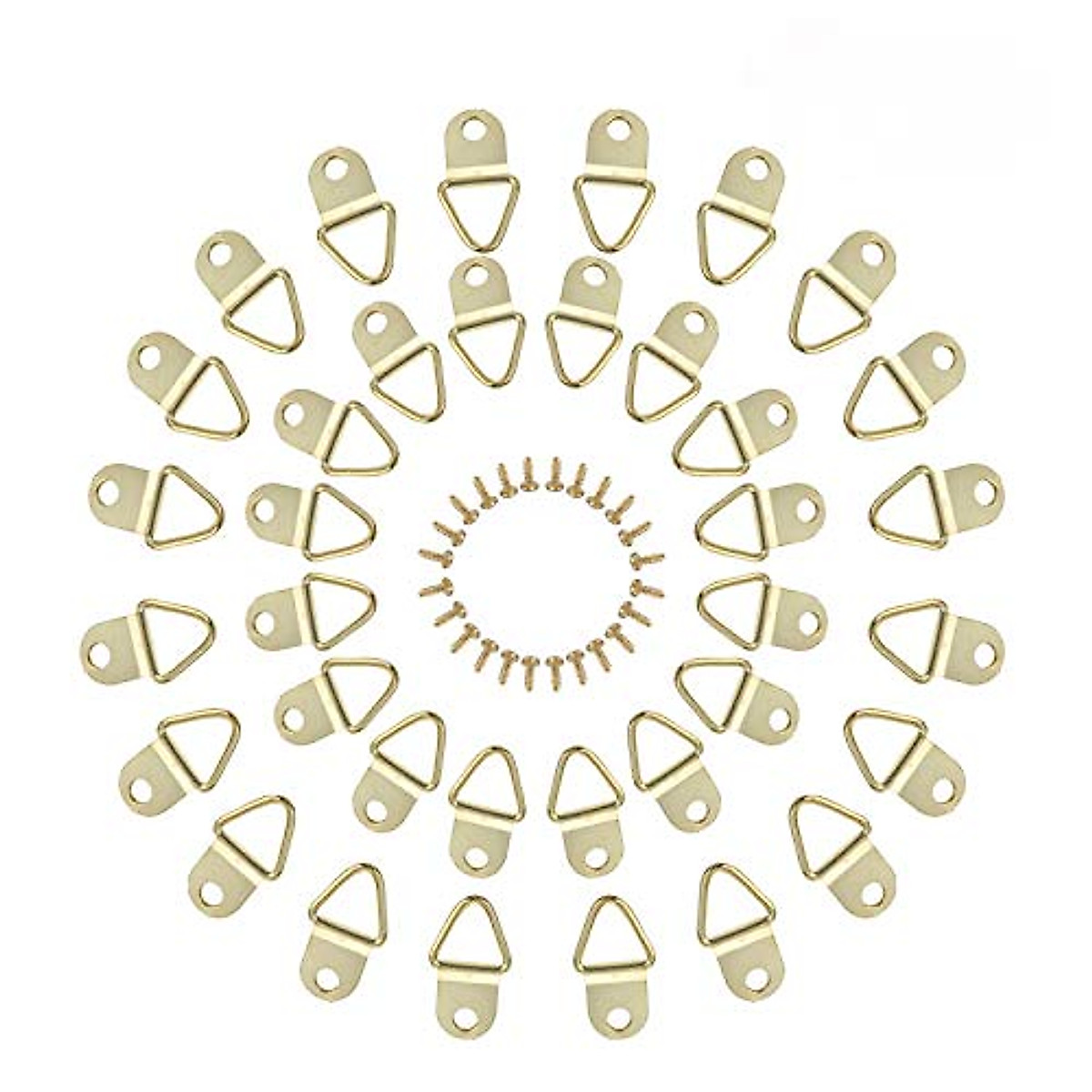 FIOTOK 100Pack Small Triangle D-Ring Picture Frame Hangers Single Hole with Screws for Hanging Paintings Artwork Picture Frame Hook Photos, Wall Mounting Home Decoration Hanging(Golden)