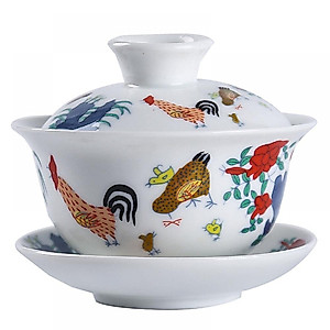 Bicuzat Funny Chicken Rooster Pattern Gaiwan Tea Cup, Kung Fu Teacups, 5 oz Cup and Saucer Set with Lid