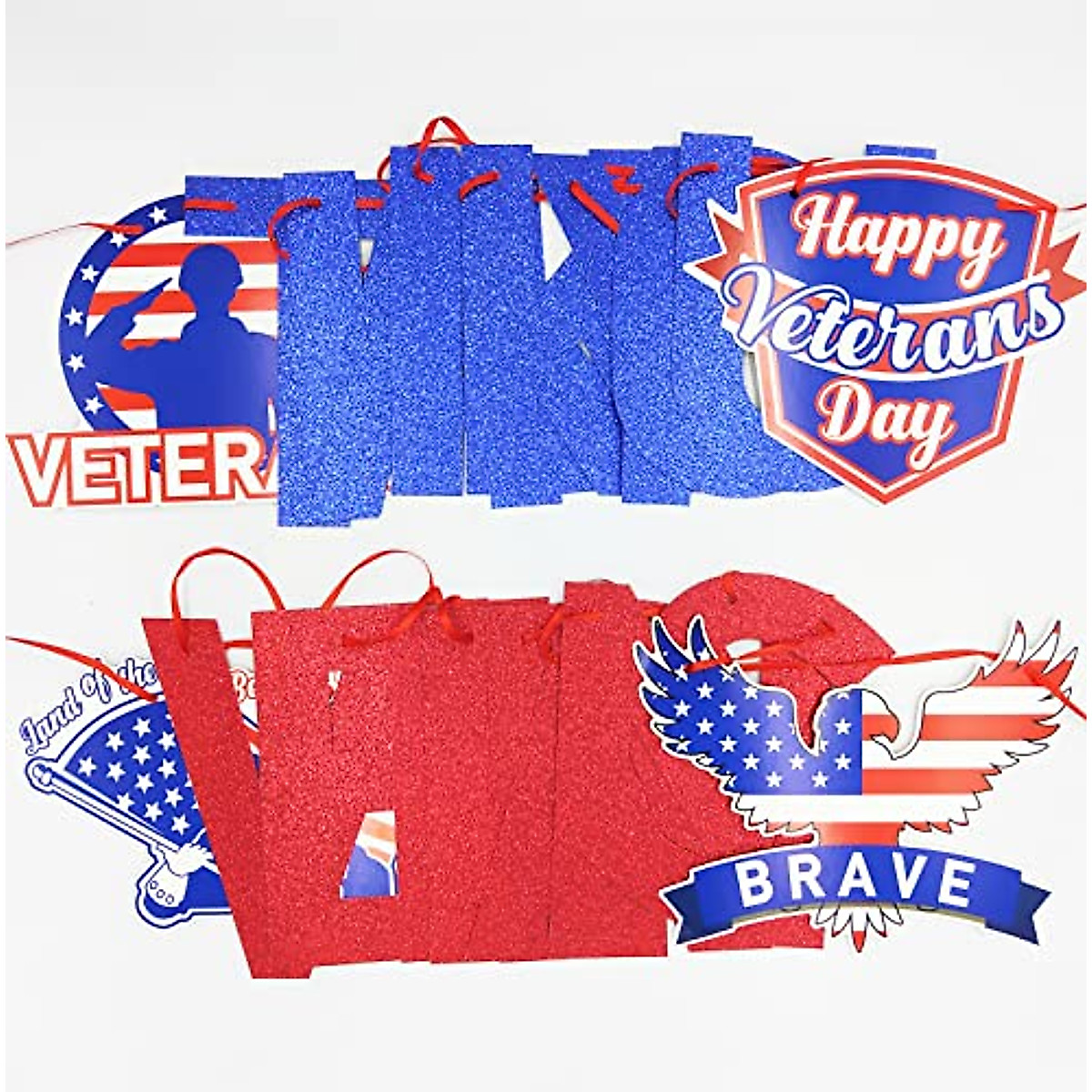 JKQ Blue Red Glitter Thank You Veterans Banner Happy Veterans Day Garland Banner Land of the Free Because of the Brave Honoring All Who Served America Patriotic Party Fireplace Mantle Wall Decorations Supplies