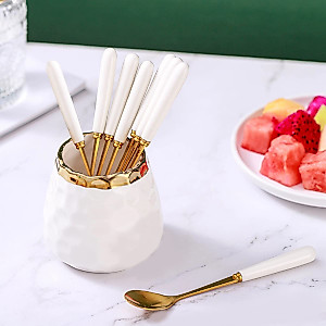 Fvstar Coffee Spoons Set,Dessert Spoons Set with Holder,Ceramic Jar with 8 Spoons,Ceramic and Metal Flatware Set,Creative Tea Spoon Set for Coffee,Dessert,Party (White- 8pcs Spoons)