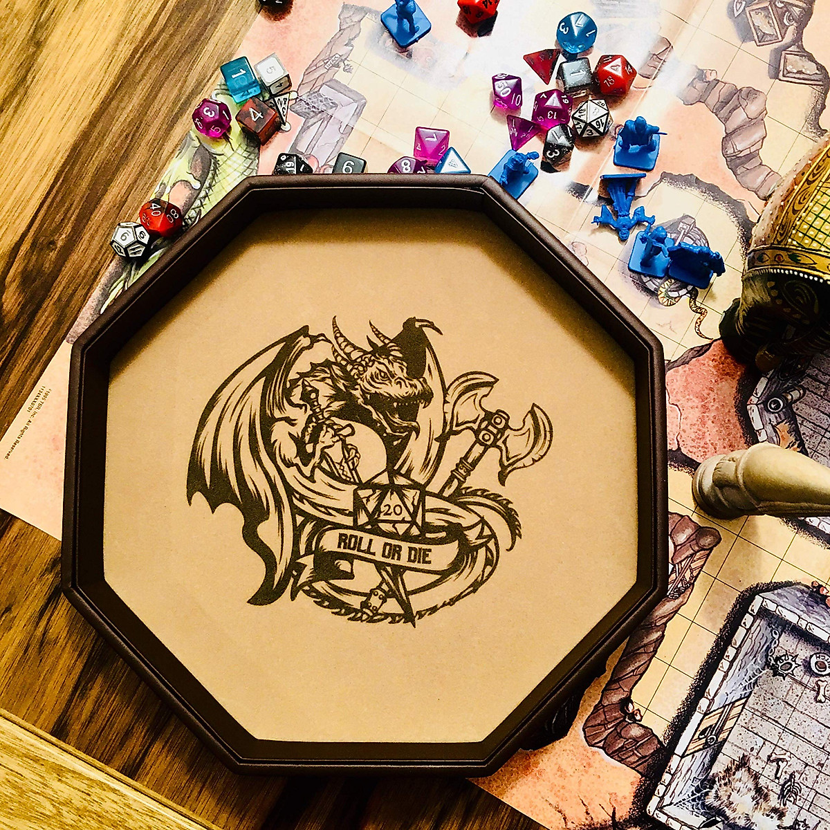 Fantasydice - ROLL OR DIE- Dice Tray - 11.5" Octagon - for Dice, Board Games, Tabletop RPGs Like D&D (DND) 3.5 and 5e, Call of Cthulhu, Pathfinder,Shadowrun and Other Roleplaying Games