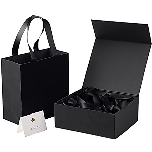 Gift Box 8 x 7 x 3 Inch,Valentines Day Present Box with Lid Paper Bridesmaids Proposal Box with Present Bag Card Ribbon Paper Filler,Gift Boxes for Presents,Wedding Birthdays Gift Packging (Black)