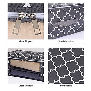 Fixwal Storage 4 Pack, Clothes Organizer Storage Bags, Foldable Storage Box with Large Clear, Foldable Comforter, Sheet Storage, Reinforced Handle, Sturdy Zippers, Clear, Blankets, 35L, Grey Pattern