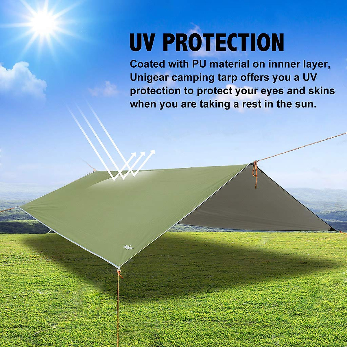 Unigear Hammock Rain Fly Waterproof Tent Tarp, 9.8x9.8ft, UV Protection and PU 3000mm Waterproof, Lightweight for Camping, Backpacking and Outdoor Adventure
