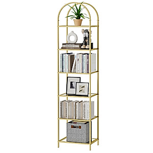 Homhedy 6-Tier Bookshelf Arched Display Racks, Metal Bookcase, Tempered Glass Shelves, Slim Storage Rack Shelf for Home Office, Living Room, Bedroom, Bathroom, Modern Style, Golden
