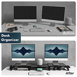 Fenge Dual Monitor Stand, Adjustable Length and Angle, Organizer with Removable Slot Drawer Tablet Phone Holder, Computer Monitor Riser for 2 Monitors, Black, G04C1122B