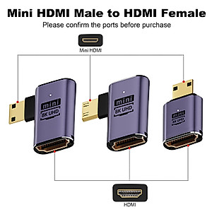 AreMe 8K Mini HDMI to HDMI Adapter (3 Pack), 90 Degree Left and Right Angle Mini HDMI Male to HDMI Female Cable for Raspberry Pi Zero, DSLR Camera, Camcorder, HDTV, Projector, Laptop and Tablet