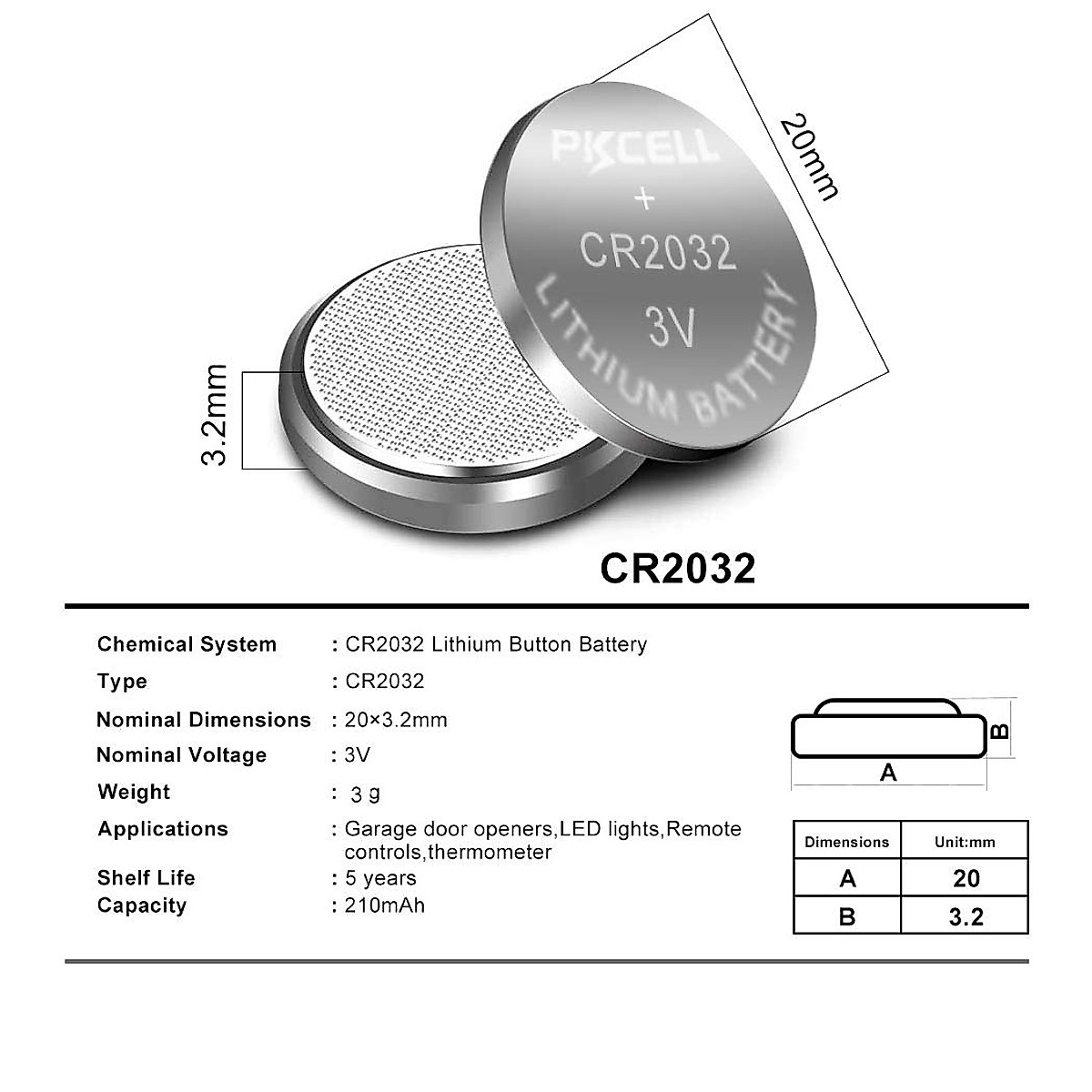 2032 3V Battery, CR2032 Lithium 3v Coin Cell Battery 2032 Watch Battery ,100 Counts