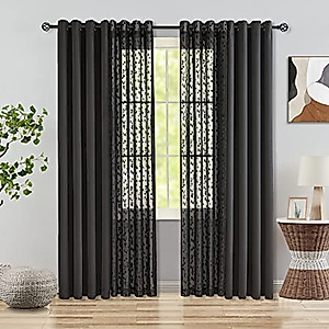 Jubilantex Full Blackout Curtains + Leaf Sheer Window Panels, Mix and Match Style Double Layer Window Treatment Sets for Bedroom Living Room, 4 Panels 52" W x 84" L, Black and Black