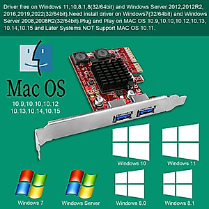 PCIE to 2 USB 3.1 GEN2 Type A 10Gbps Ports Expansion Card for Windows 7, 8.1, 10, 11 (32/64) and MAC OS 10.9,10.10,10.12,10.13,10.14,10.15 PCs, Built in Smart Power Control Technology (PCE-U312A)