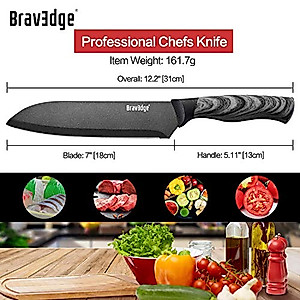 Bravedge Kitchen Knife Chef Knife Santoku Knife Versatile Cooking Knife with 7" & 8" Sharp Stainless Steel Metallic Paint Double Bevel Blade Ergonomic Handle PP Sheath Elegant Gift Box