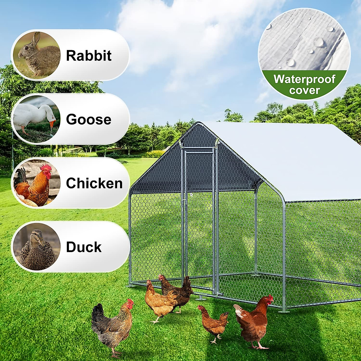 Chicken Coop Large Metal Chicken House/Pen for 6/10 Chickens Poultry Cage with Waterproof Cover for Rabbits Duck Walk-in Chicken Run for Yard Outdoor