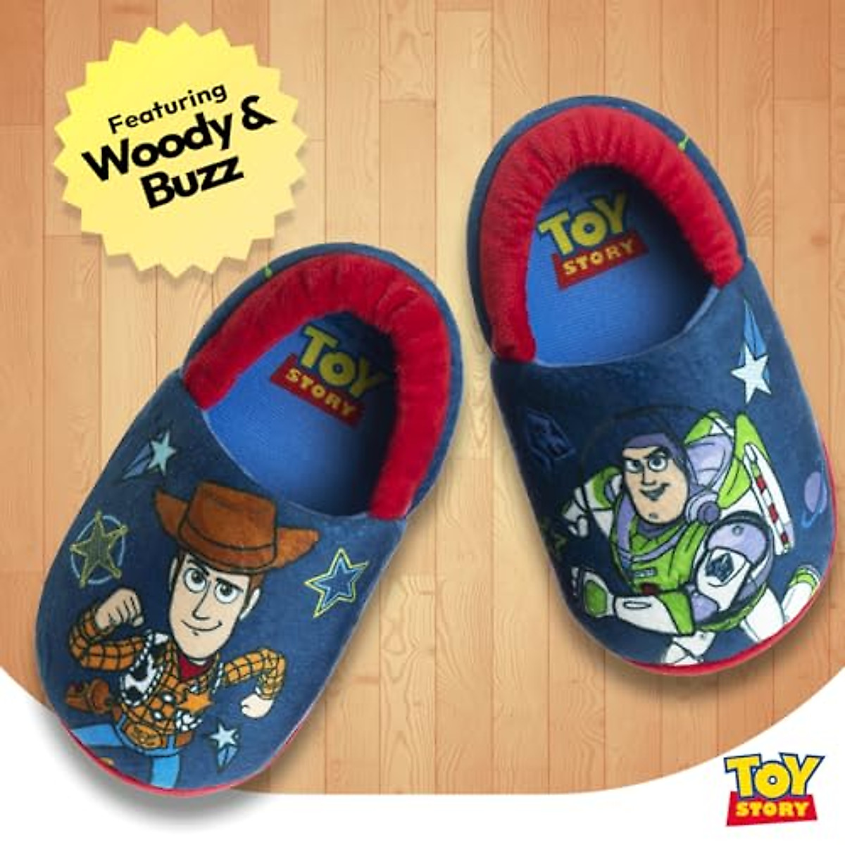 Disney Toy Story Slippers - Buzz Lightyear and Sheriff Woody Fuzzy PJ House Shoes - Boys Pajama Indoor Warm Slipper - Navy Blue/Red (size 7-8 Toddler)