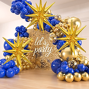 176 Pack Royal Blue Gold Balloons Garland Arch Kit with 3pcs 27 Inch Big Foil Starburst Balloons,Blue and Gold Confetti Balloons for Birthday Graduation New Year Decoration