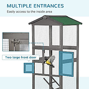 PawHut 65" Wooden Bird Cage Outdoor Aviary House for Parrot, Parakeet, with Pull Out Tray and 2 Doors, Grey