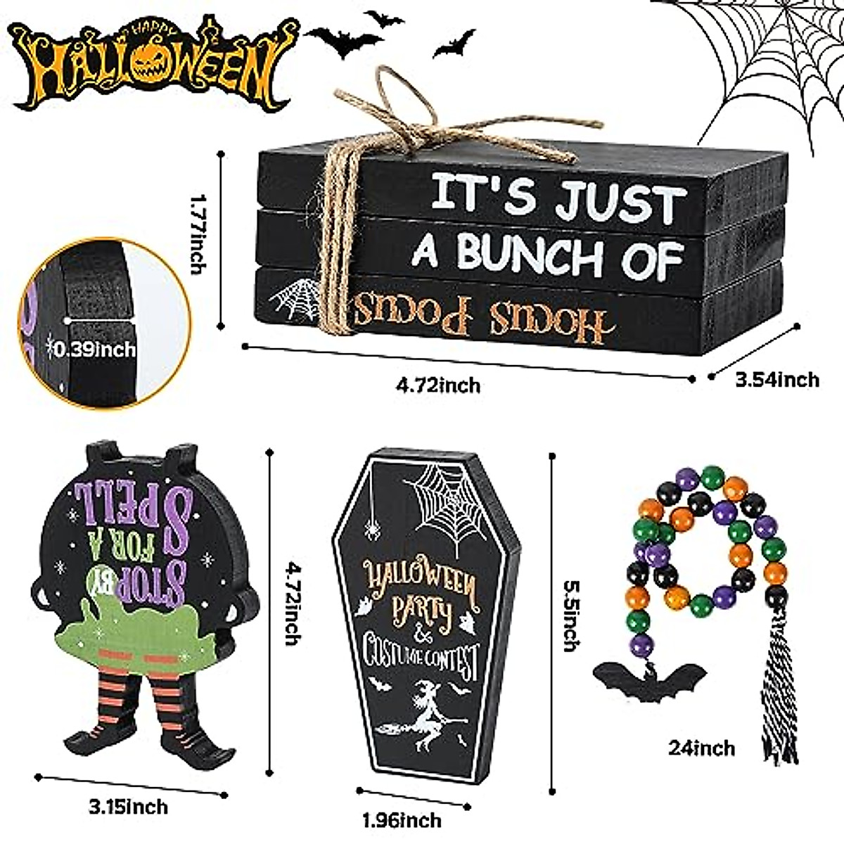 Hocus Pocus Halloween Decorations indoor, 6 Pcs Hocus Pocus Halloween Decor with Tombstones, hocus pocus book, Witches Cauldron, beads garland, Halloween Tiered Tray Decor for Home Table Kitchen decor
