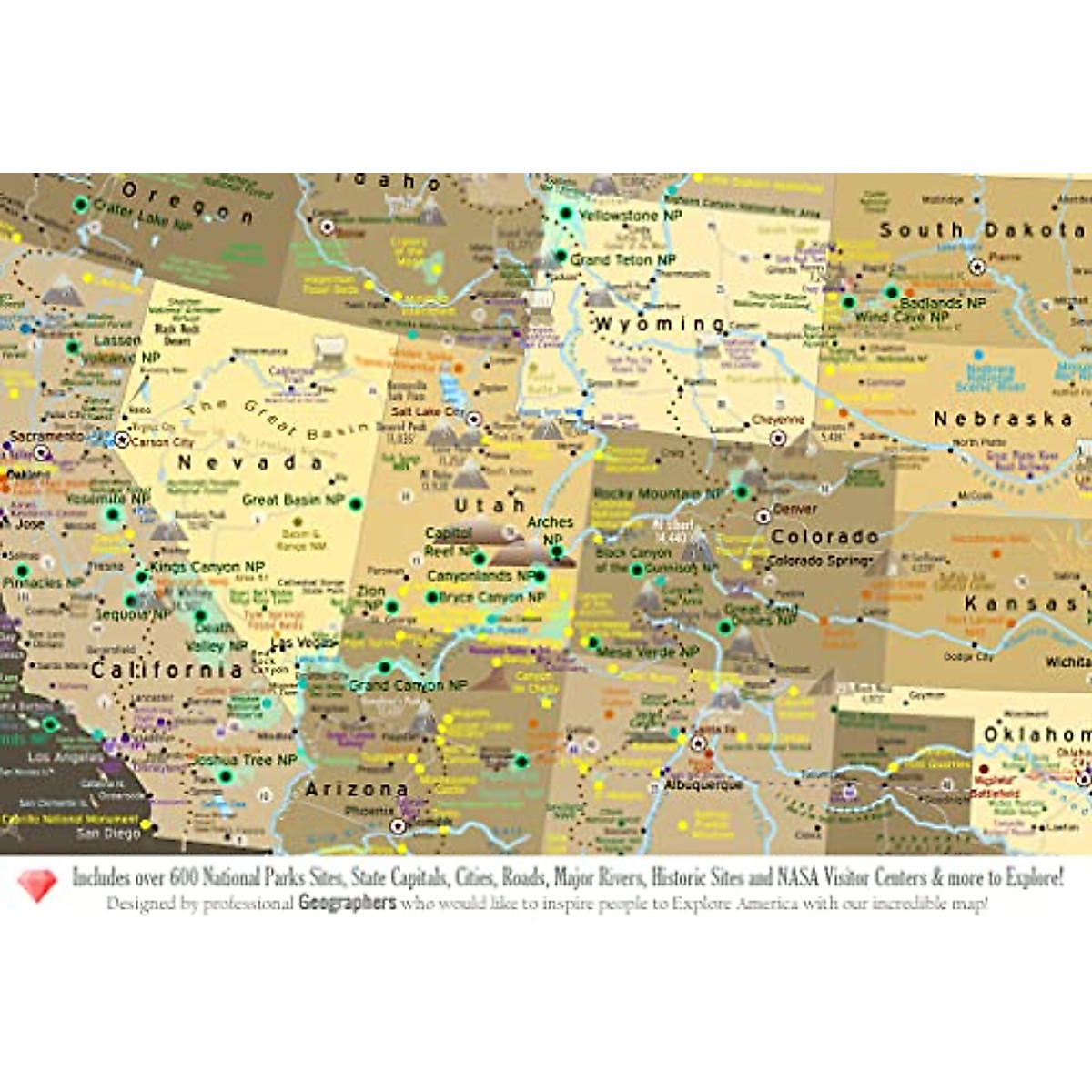 National Parks Map Poster with USA Travel Destinations (24W x 16H inches)