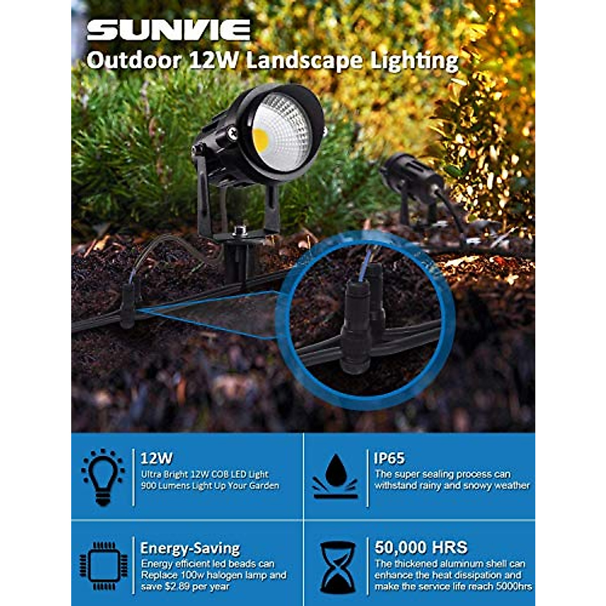 SUNVIE 12W Low Voltage LED Landscape Lights with Connectors, Outdoor 12V Super Warm White (900LM) Waterproof Garden Pathway Lights Wall Tree Flag Spotlights with Spike Stand (12 Pack with Connector)