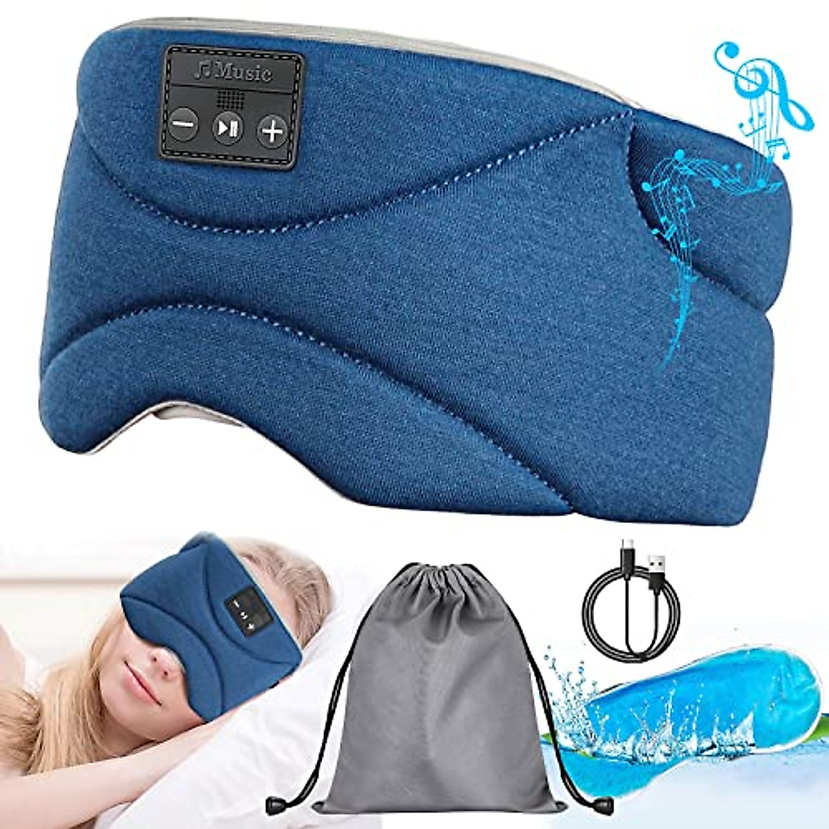 Bluetooth Sleep Mask with 24 White Noise, Ultra-Thin Speaker Cold Pack Blockout Bluetooth Eye Mask Sleep Headphones for Side Sleepers, Airplane, Travel, Cool Gadgets for Women Man (Blue)