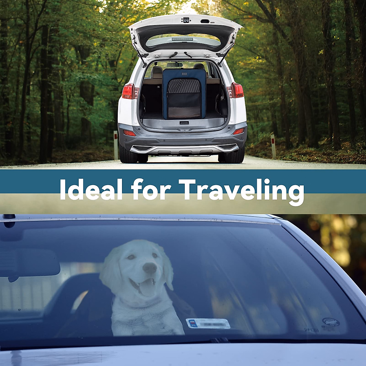 PETSFIT Portable Dog Crate, Dog Travel Crate - 31 Inch with Thicken Mat, Easy to Fold, Sturdy and Portable, Perfect for Traveling, Foldable Dog Crate Navy Blue