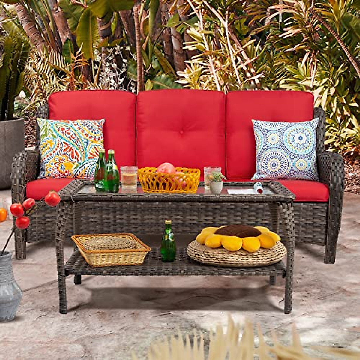 MeetLeisure Patio Furniture Set 2-Piece Wicker Outdoor Furniture Conversational Sets with 3-Seat Sofa, Patio Rattan Coffee Table Patio Rattan Wicker Sectional Sofa Set with Olefin Cushions, RED