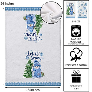 Seliem Winter Let it Snow Snowman Kitchen Dish Towel Set of 2, Blue Snowflakes Chickadee Hand Drying Baking Cooking Cloth, Christmas Tree Pine Cones Holiday Decor Home Decorations 18 x 26 Inch