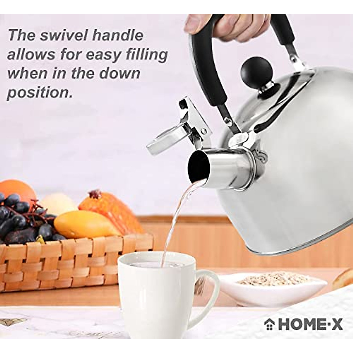 HOME-X Shiny Whistling Kettle, Stainless-Steel Stovetop Tea Kettle, Whistling Water Boiler, Large 2 Liter Capacity,8 ¾” L x 7" W x 8 ¼”, Polished Stainless-Steel