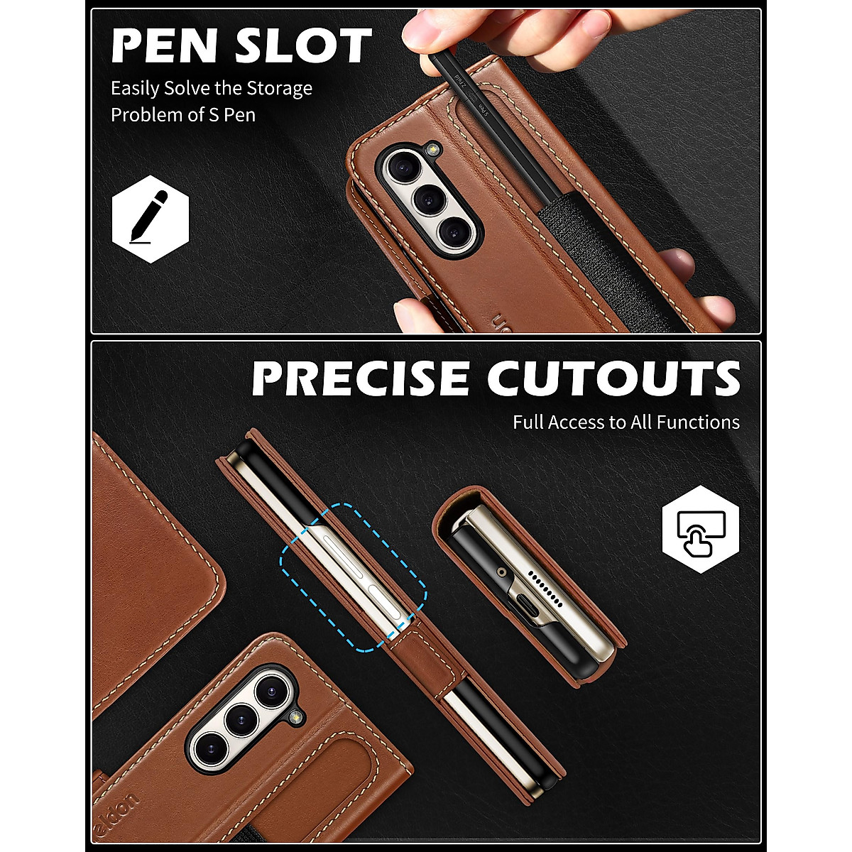 SHIELDON Case for Galaxy Z Fold 5, Genuine Leather Wallet Shockproof Case Flip Magnetic Kickstand RFID Blocking Credit Card Slot with S Pen Holder Compatible with Galaxy Z Fold5 7.6" - Retro Brown