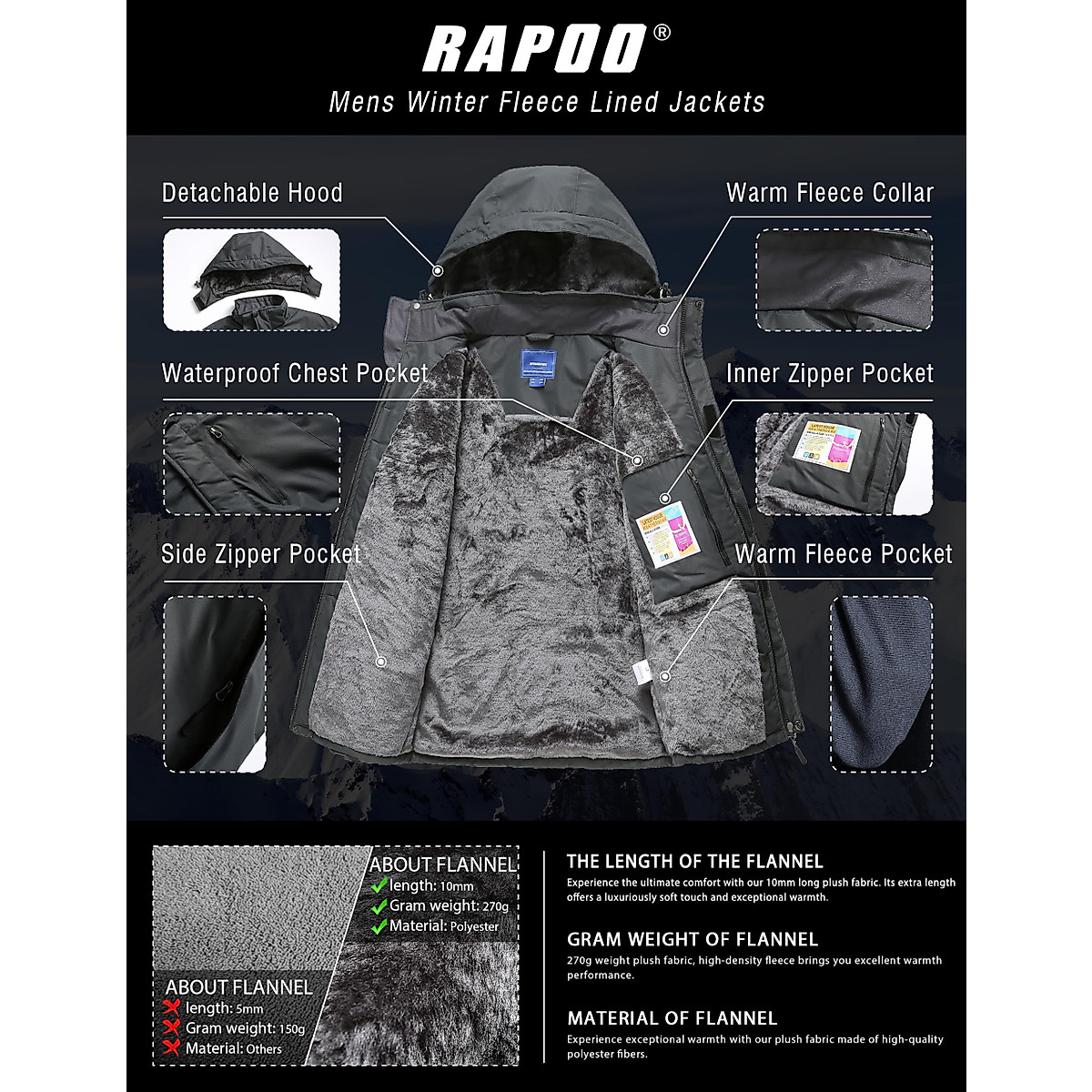 Rapoo Winter Coats for Men - Waterproof Windbreaker Jackets, Fleece Warm Snowboard Ski Coats, Dark Grey, XL
