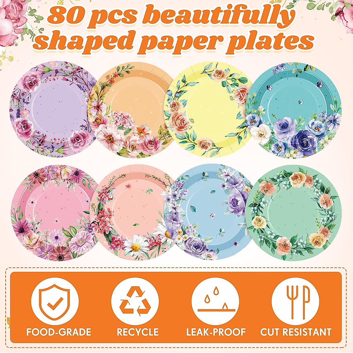 Suttmin 80 Pcs 7 Inch Floral Paper Plates Floral Party Plates Elegant Floral Disposable Plates Dinnerware Plates for Tea Party Wedding Bridal Shower Baby Shower Birthday and Party Decorations