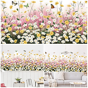 2 Sheets Yellow Daisies Flowers Wall Decals Small Fresh White Chrysanthemum Wall Stickers Pink Gypsophila Wall Art Murals for Baby Kids Girls Bedroom Living Room Corners Skirting Lines Waist Lines