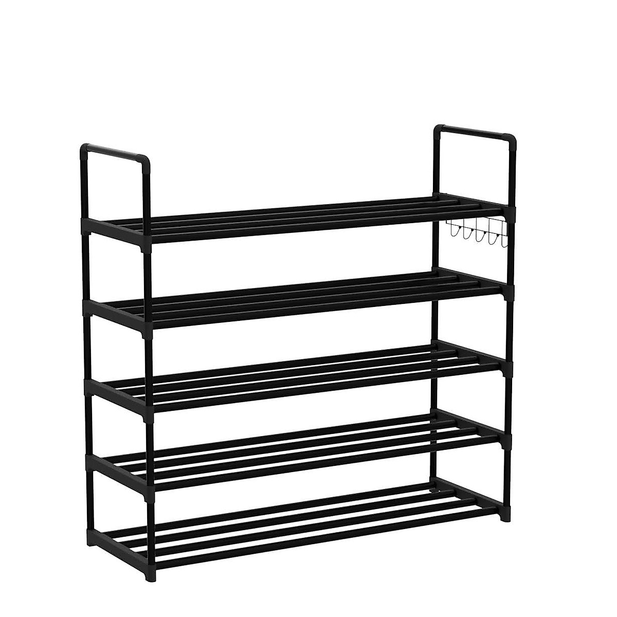 Hsscblet 5 Tiers Metal Shoe Rack,Adjustable Shoe Shelf Storage Organizer with Hooks,Stackable Boot & Shoe Storage,for Entryway,Hallway,Closet,Black