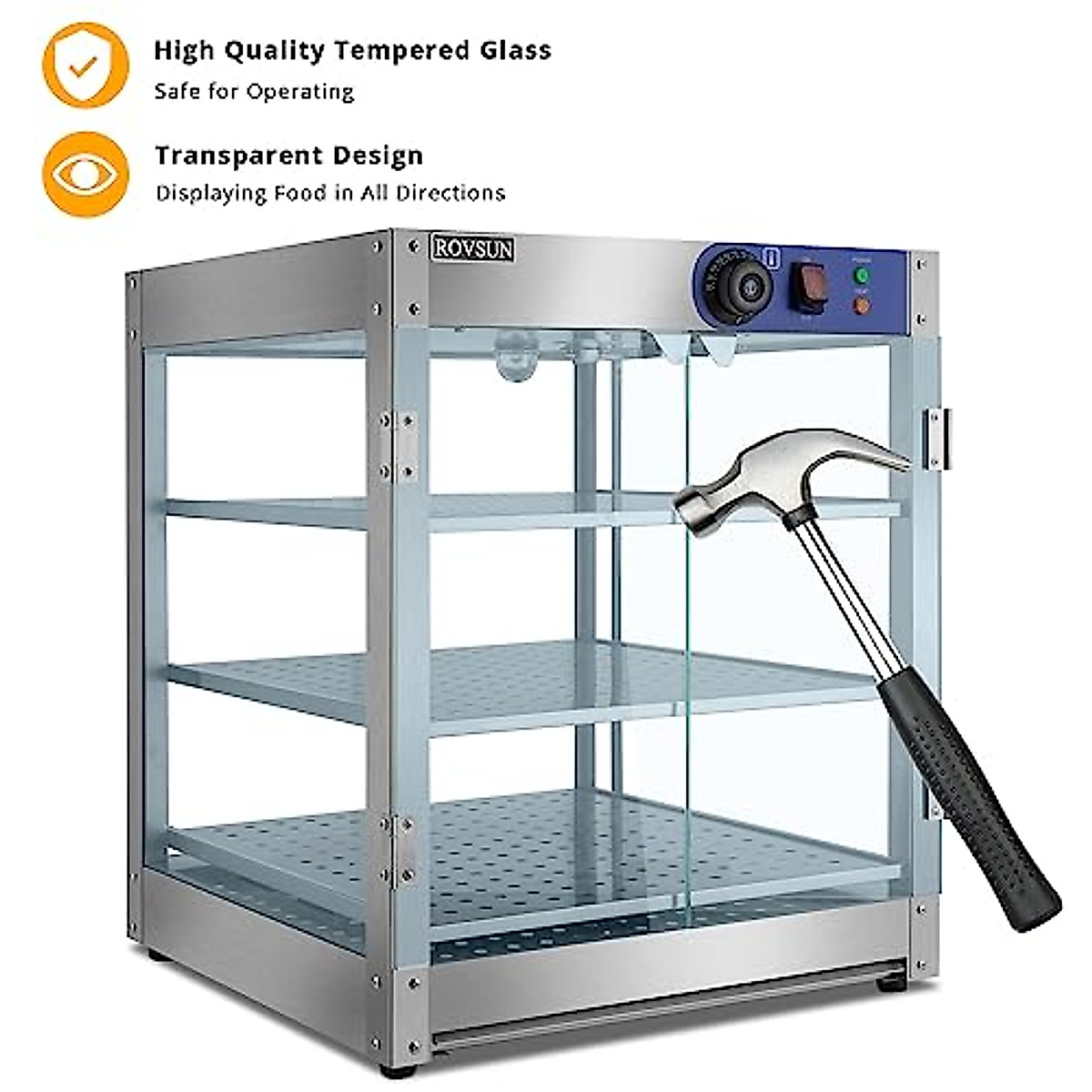 ROVSUN 3-Tier 110V Food Warmer, 800W Commercial Food Warmer Display Electric Countertop Food Pizza Warmer with LED Lighting Removable Shelves Glass Door, Pastry Display Case for Buffet Restaurant