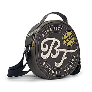 Star Wars Bag, Cross Body, Round, The Book of Boba Fett Bounty Hunter and Mythosaur, Grays, Vegan Leather