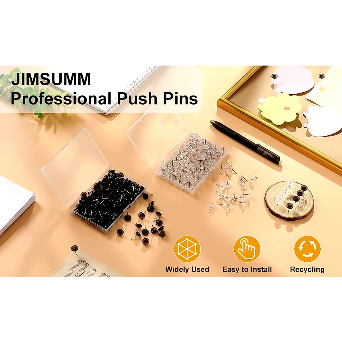 JIMSUMM 150 PCS Push Pins, Standard Plastic Head Steel Point Clear Thumb Tacks for Wall, Clear Plastic Round Head for Bulletin Boards, Fabric Markers, Crafts and Office Organization (Clear)