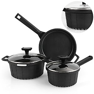 Wodillo Cookware Set, Pots and Pans with Utensils, Nonstick Scratch Resistant Cooking Surface Compatible with All Stoves(Gas, Electric & Induction) - Black
