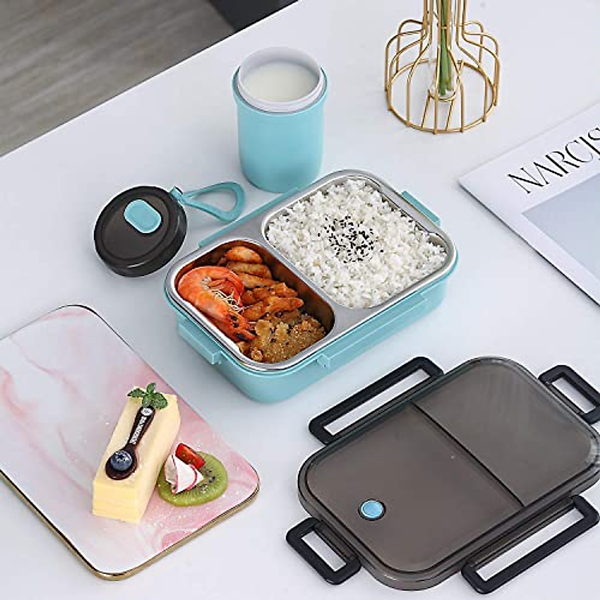 LANSKYWARE 2 Compartments Bento Lunch box with Insulated Lunch Bag and Portable Utensils, Stainless Steel Food Lunch Containers for Adults Men Women