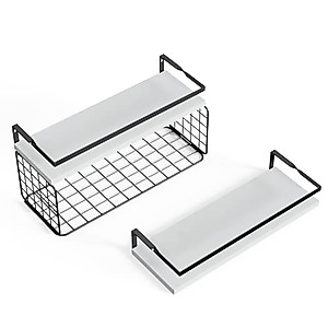 LoengMax Floating Shelves with Bathroom Paper Storage Basket, Wall Shelves Over Toilet with Protective Metal Guardrail Set of 2, Rustic Floating Shelf with Guardrail (White)