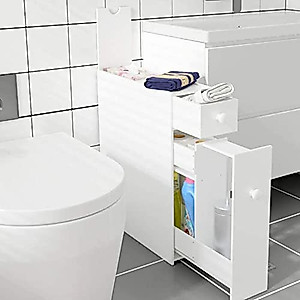 FANTASK Slim Bathroom Storage Cabinet, Toilet Narrow Floor Organizer w/Toilet Tissue Magazine Shelf Holder & 2 Slide Out Drawers, Corner Storage Cabinet for Home Bathroom Living Room, White