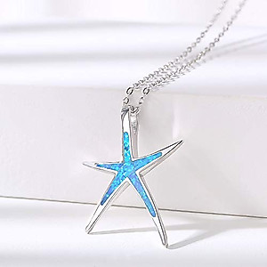 Cuoka Starfish Necklace, 925 Sterling Silver with Blue Opal, Hawaiian Beach Nautical Ocean Pendant, Starfish Jewelry Opal Jewelry Gifts for Women Girlfriend Daughter