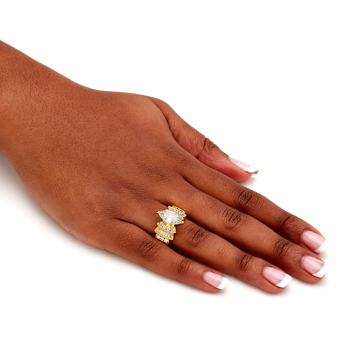 PalmBeach Yellow Gold-Plated or Silvertone Marquise Cut Cubic Zirconia Step Top Engagement Ring Size 9