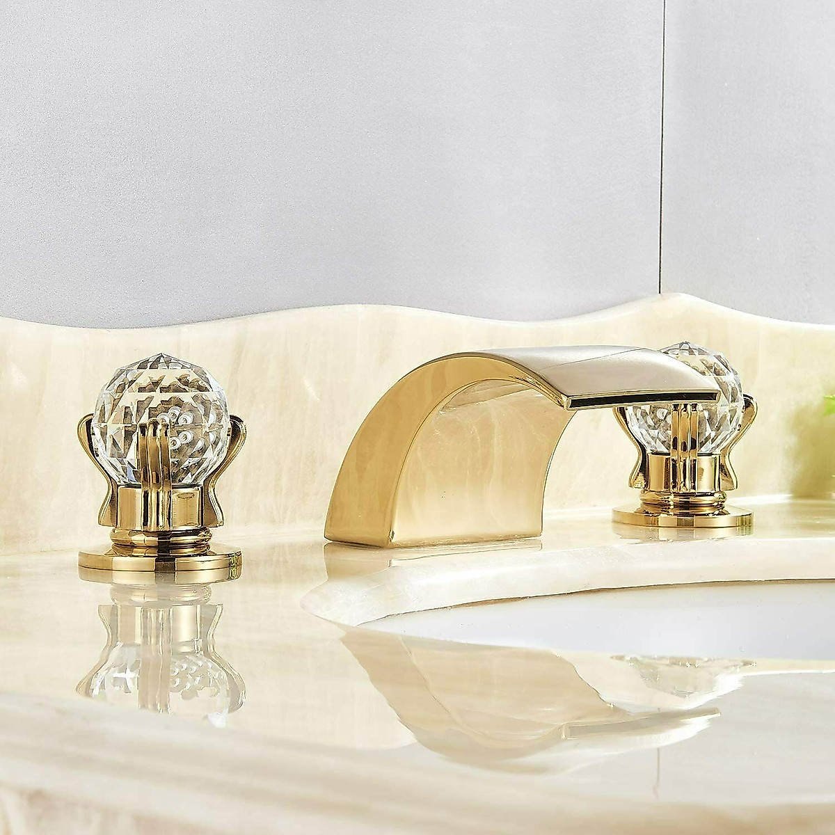 MOSSON LED Bathroom Faucet Brass Bathroom Sink Faucet 3 Hole 8 Inch Basin Mixer Tap Gold Bath Faucet 2 Crystal Knobs Vanity Lavatory Faucet for Bathroom